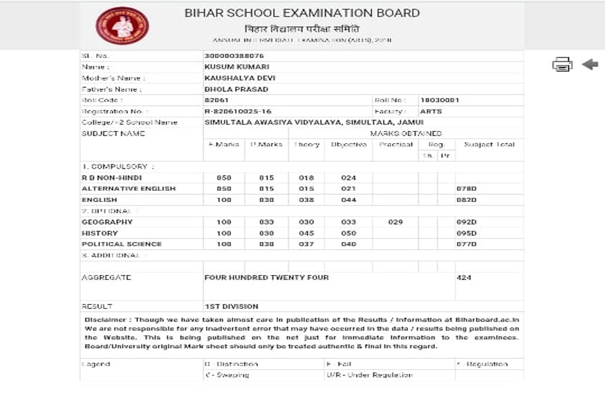 BSEB Result 2018 : यहां देखें बिहार टॉपर कुसुम कुमारी की मार्कशीट ...