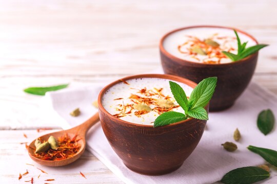 Kesar Lassi Recipe made with homemade curd saffron and sugar in summer ...