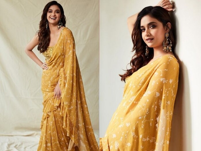 पिंक कलर की फ्लोरल प्रिंटेड साड़ी में बेहद खूबसूरत दिखीं Keerthy Suresh ...