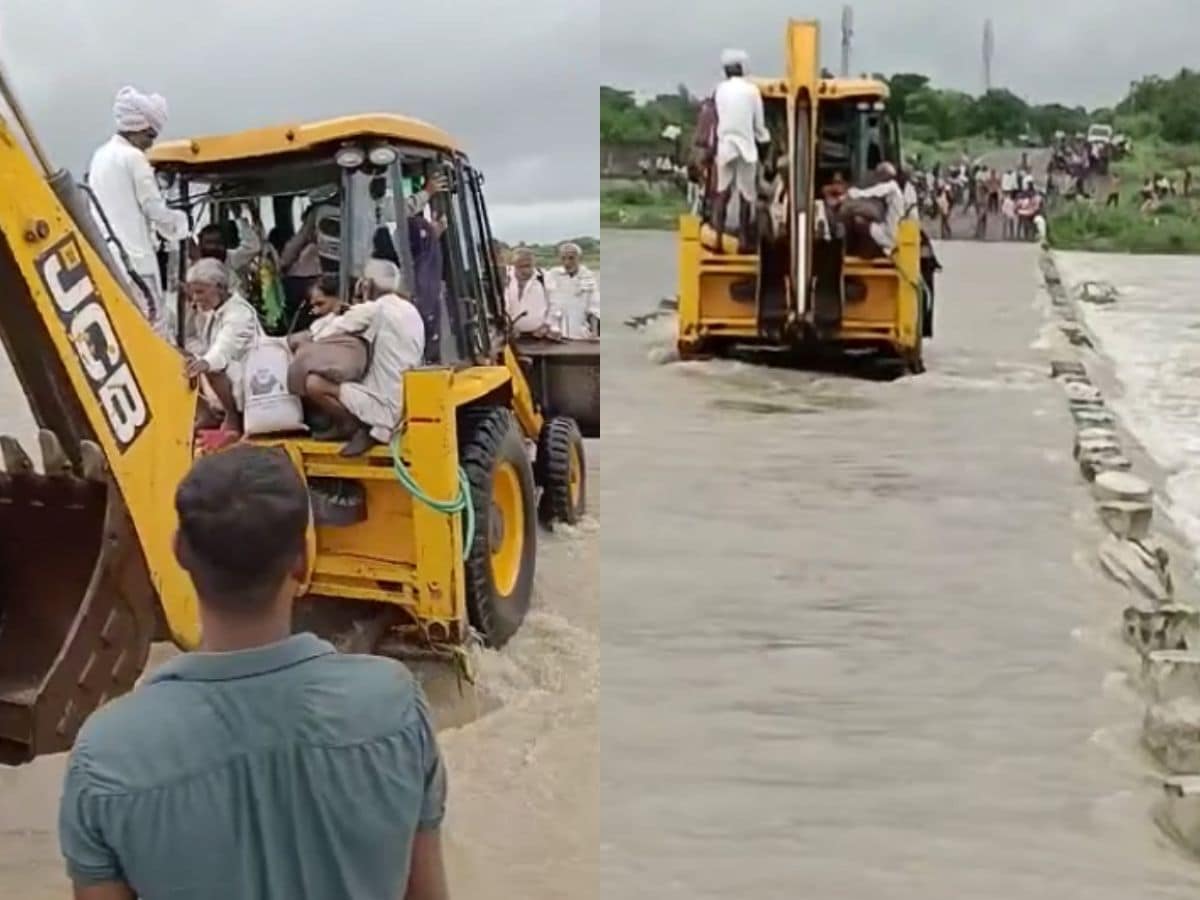 VIDEO: बुलडोजर पर लोगों को बैठाकार पार की उफनती नदी, जान डाली जोखिम में ...