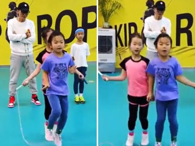 Young girls skipping rope together show coordination and balance viral ...