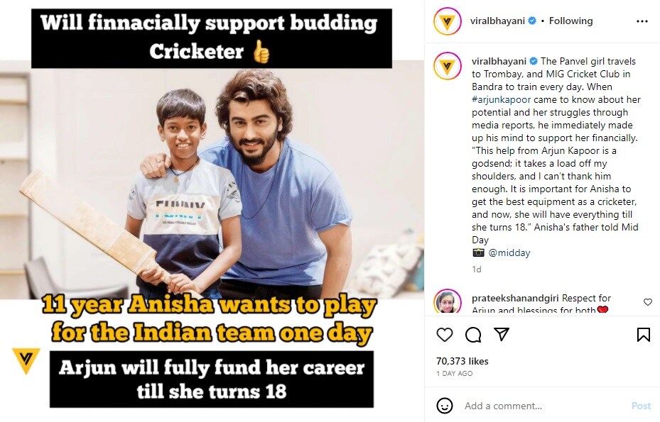 Arjun Kapoor turns real life hero for talented girl cricketer Anisha ...