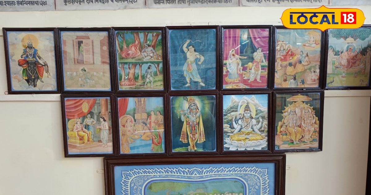 Devotees looking at handmade paintings of Lord Ram in Leela Chitra ...