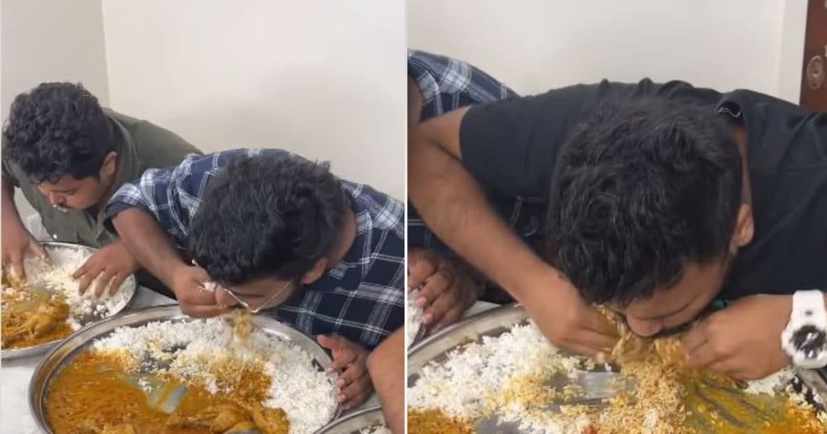 लड़कों ने किया चिकन-चावल खाने का कंप्टीशन, परात में परोसा, दोनों हाथों ...
