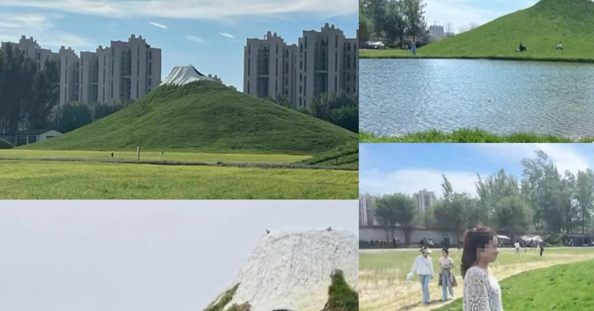 fake mount fuji mountain made in china actually grass hill with white ...