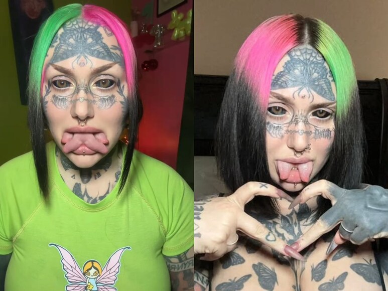 usa girl body modification split tongue in two half tattoo on whole ...