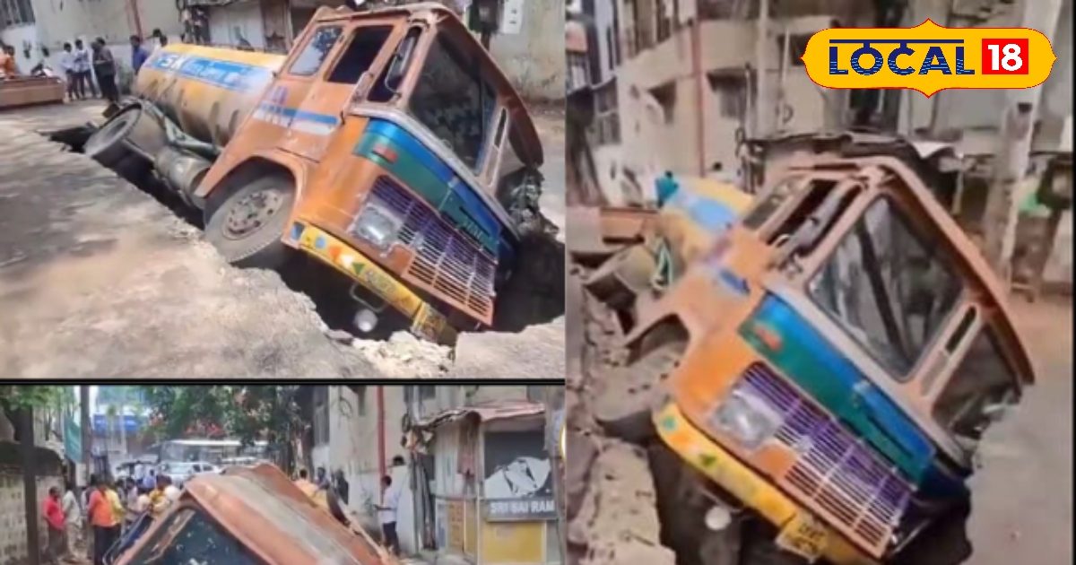 हैदराबाद: बंजारा हिल्स में सड़क धंसने से पानी का टैंकर नाले में गिरा ...