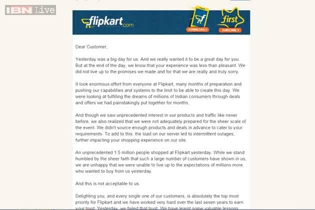 Flipkart sends apology mail to customers after its botched 'Big Billion ...