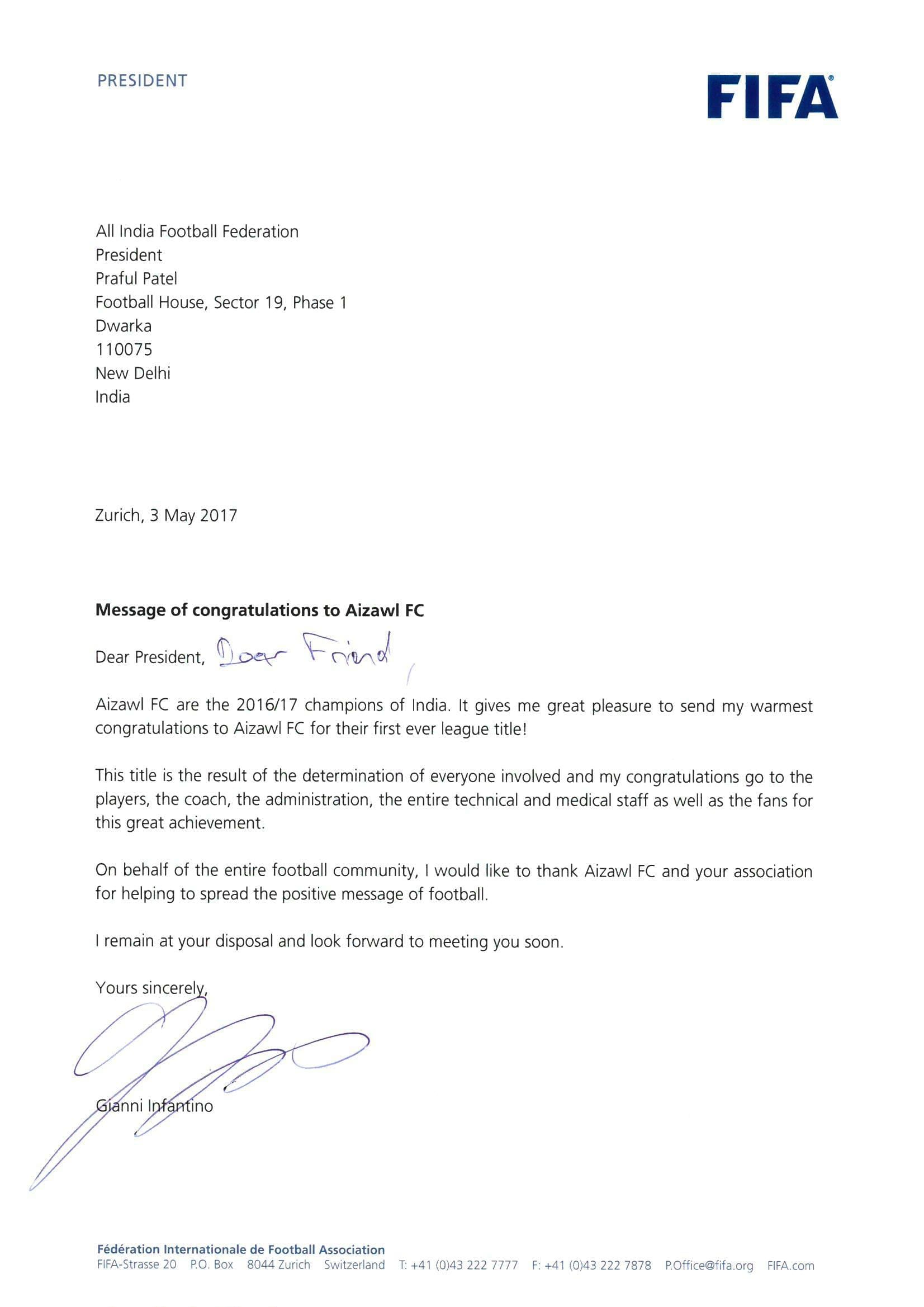 FIFA President Congratulates Aizawl FC For 'Spreading Positive Message ...