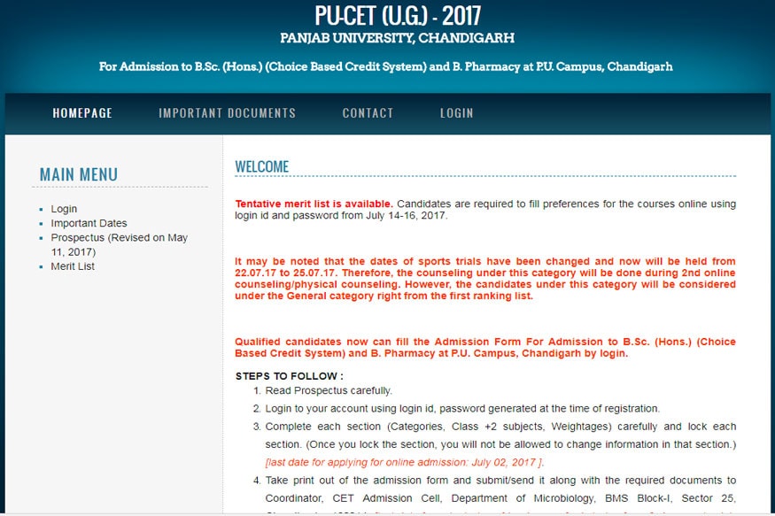 PU CET UG Merit List 2017 Declared on cetug.puchd.ac.in