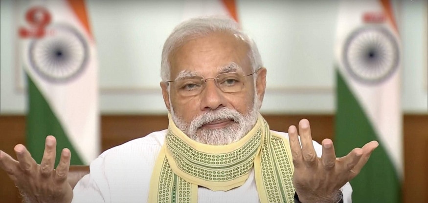 PM Modi Again Wears 'Gamcha' Mask for Video-Conference with Sarpanchs ...