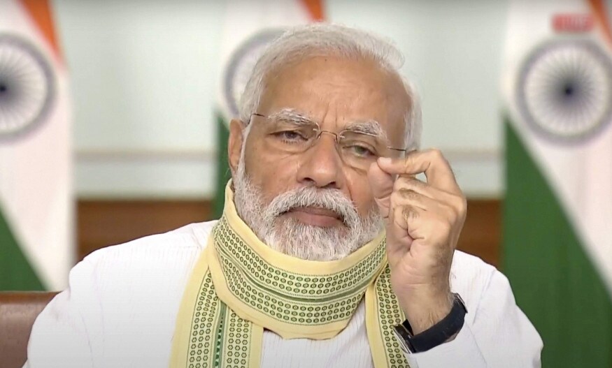 PM Modi Again Wears 'Gamcha' Mask for Video-Conference with Sarpanchs ...