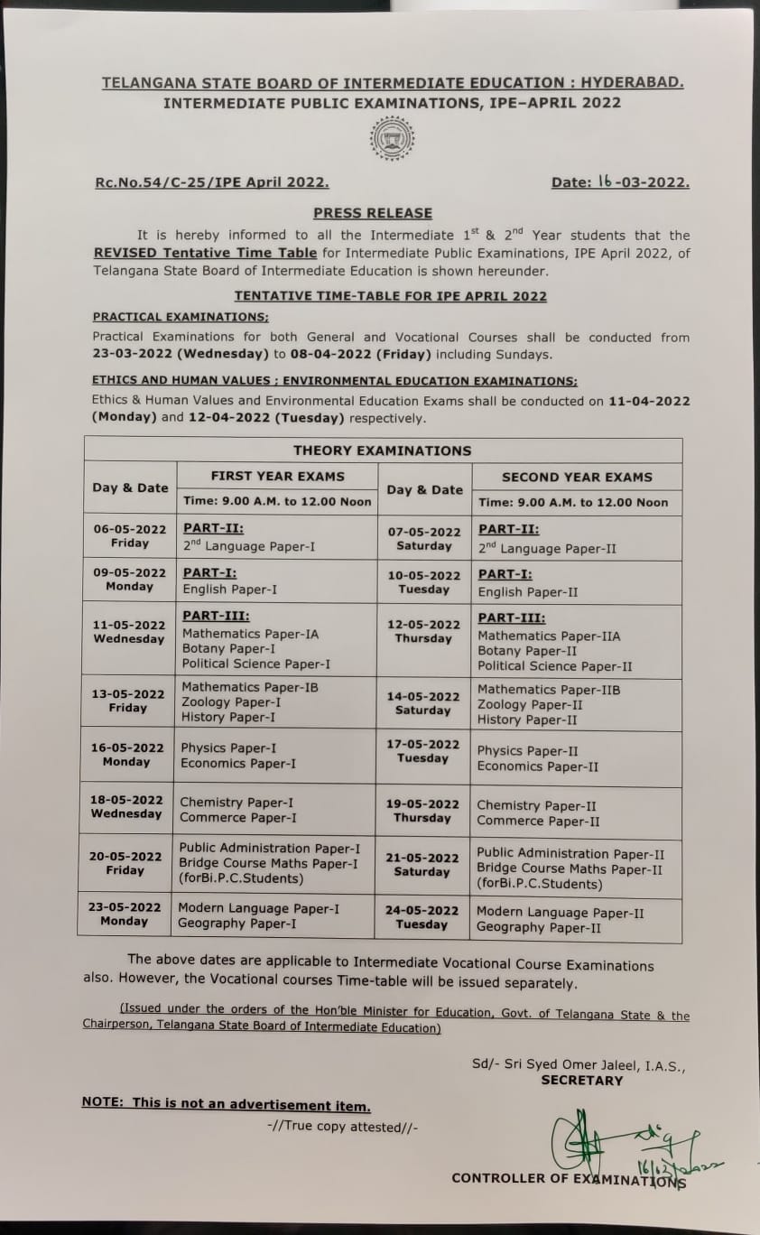 Telangana Intermediate Exam Schedule out: TS Inter First year Exam from May 6, Second year Exams ...