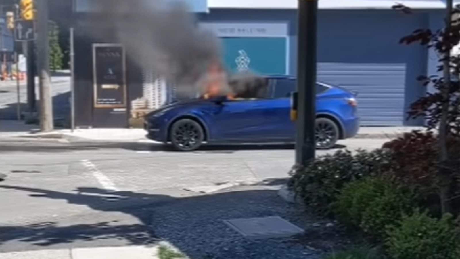 Watch: Tesla Model Y Catches Fire in Canada, Passenger Escapes After ...