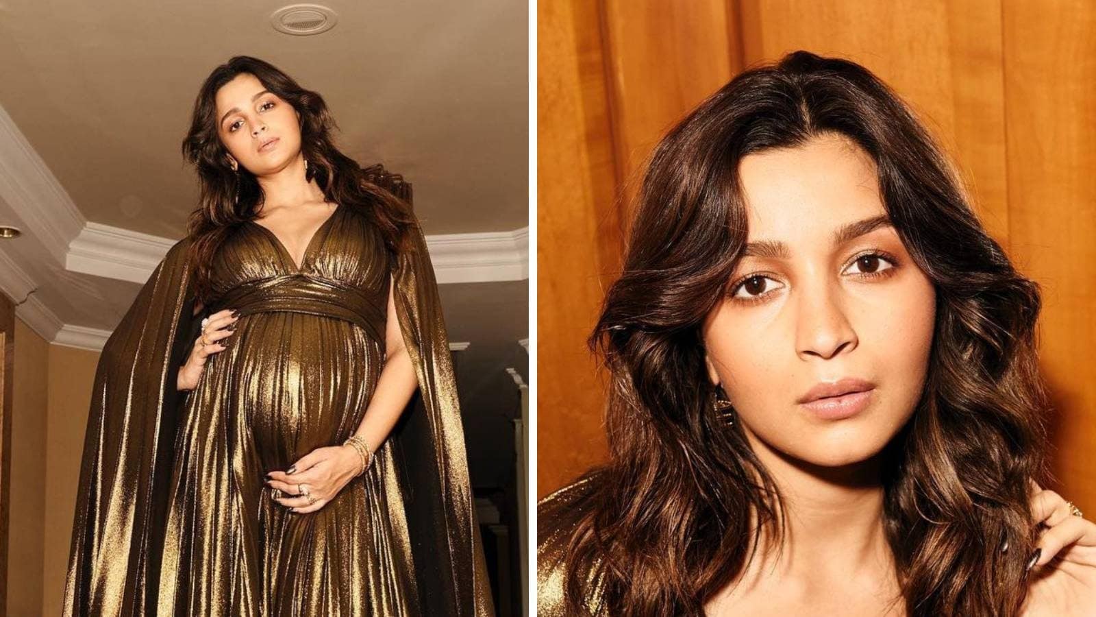 Alia Bhatt Displays Growing Baby Bump In Metallic Golden Cape Gown ...