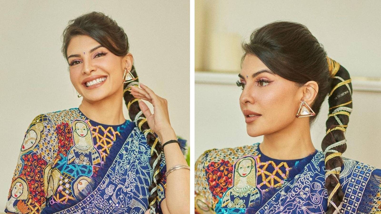 Jacqueline Fernandez Exudes Elegance In Blue Saree With Embroidered ...