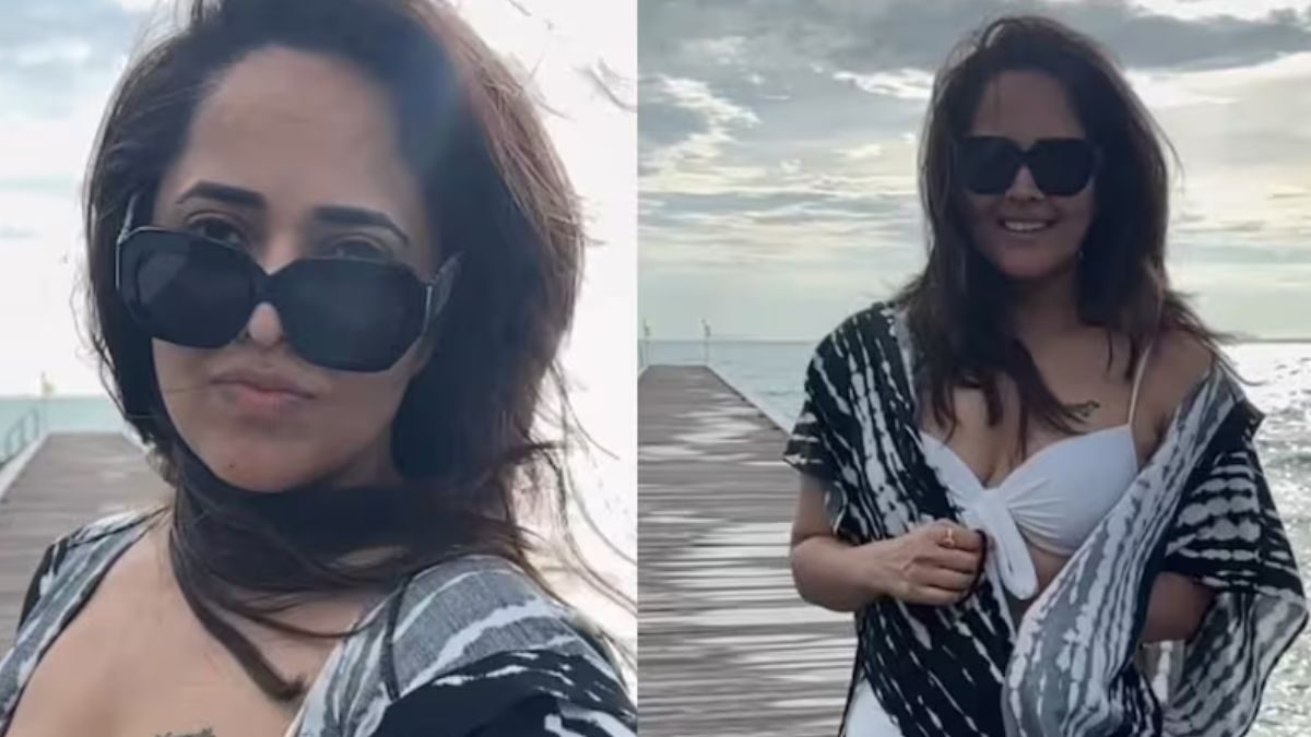 Anasuya Bharadwaj Looks Stunning In Black And White Floral Monokini ...