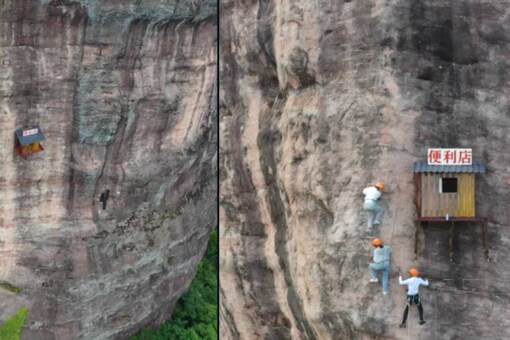 Tiny Store Hanging From A Large Cliff Provides Water To Climbers In ...