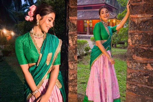 Pooja Hegde Is Festive Ready In Peacock Green And Pink Half-Silk Saree ...