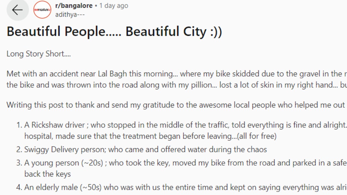 Bengaluru Biker’s 'Thank You Note' After Accident Is Winning Hearts ...