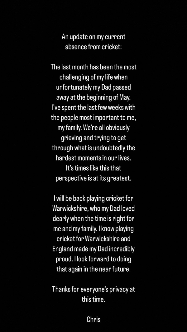 Chris Woakes Reveals Father's Death Reason Behind Absence From Cricket ...