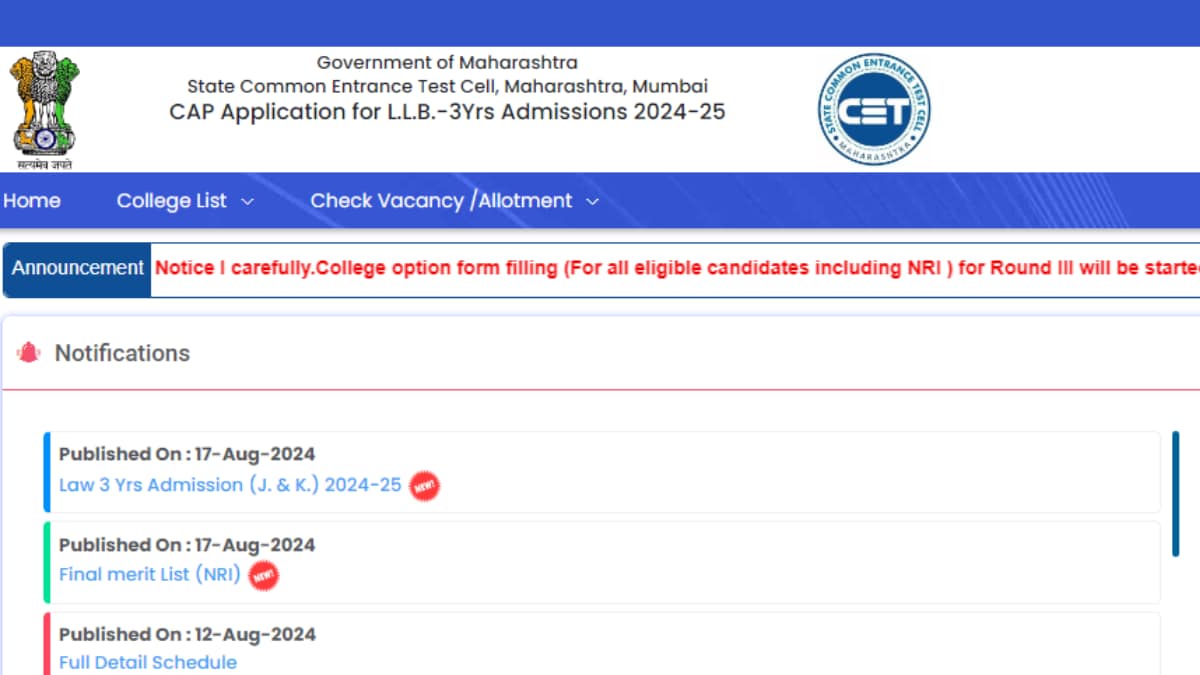 MH CET 3-year LLB 2024 Counselling: Round 2 Seat Allotment List Released, Reporting From August ...