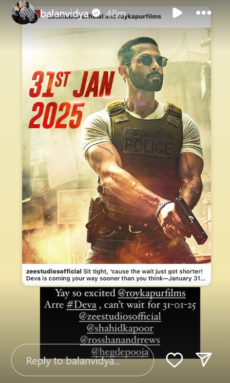 Vidya Balan Is Excited For Shahid Kapoor Starrer Deva, Says ‘Arre Can’t Wait’ | See Here ...