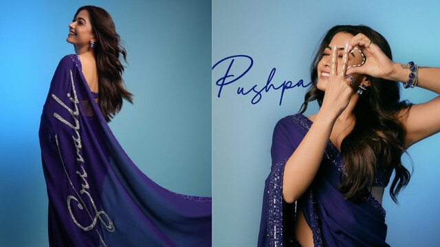 Rashmika Mandanna In Violet Saree Featuring Pushpa and Srivalli for Pushpa 2 Promotions ...