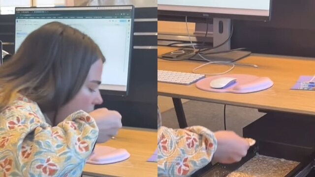 Office Drawer Full Of Milk And Cornflakes, Woman's Snack Break At Work ...