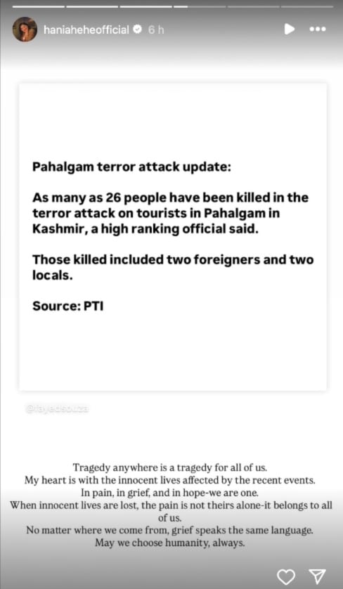 Pakistani Actress Hania Aamir Condemns Pahalgam Terror Attack: 'My ...