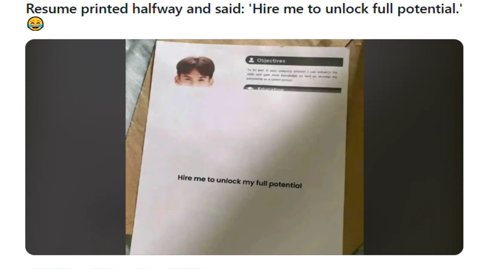 Hilarious Half-Printed Resume Grabs Internet's Attention, Says 'Hire Me ...