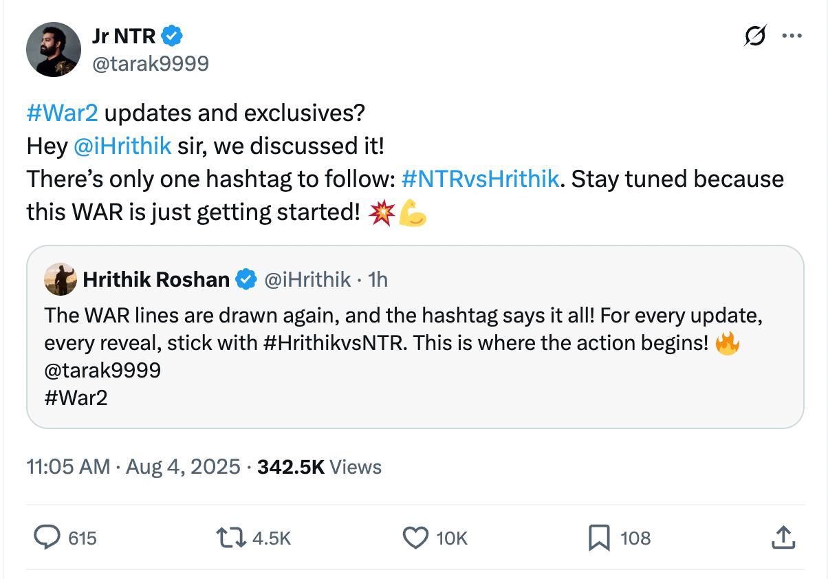 Hrithik Roshan, Jr NTR's War 2 Hashtag Showdown Heats Up Promotions ...