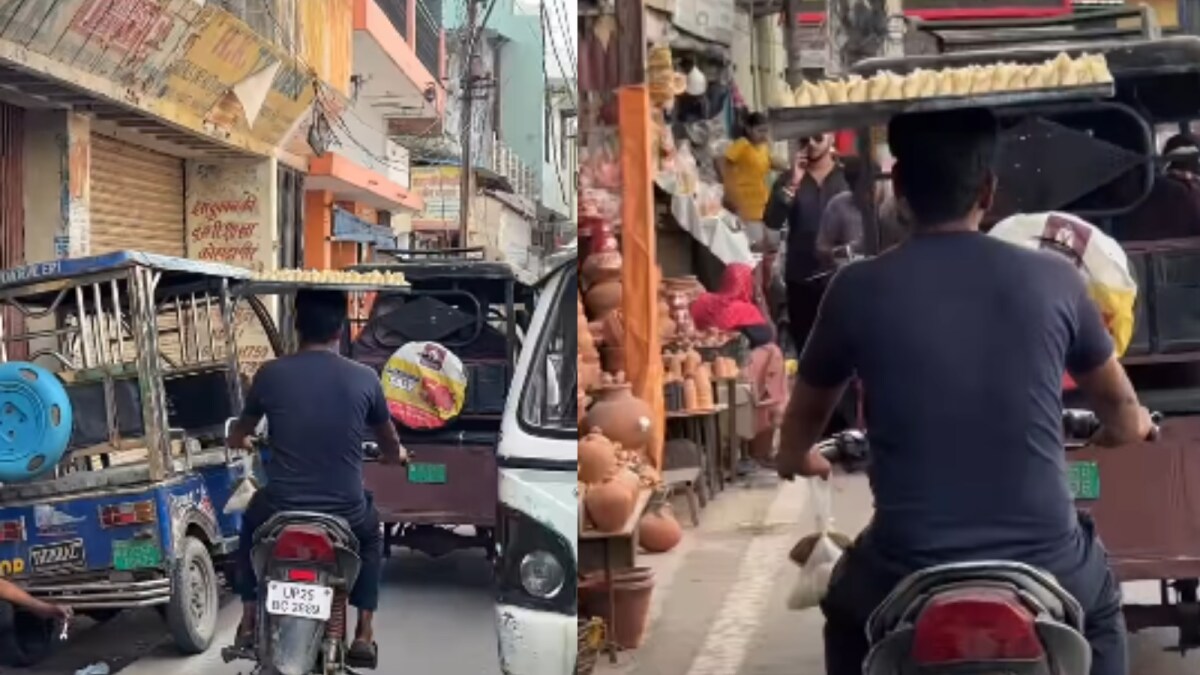 Bareilly Man Balances Samosa Tray On Head While Riding Bike In Narrow ...