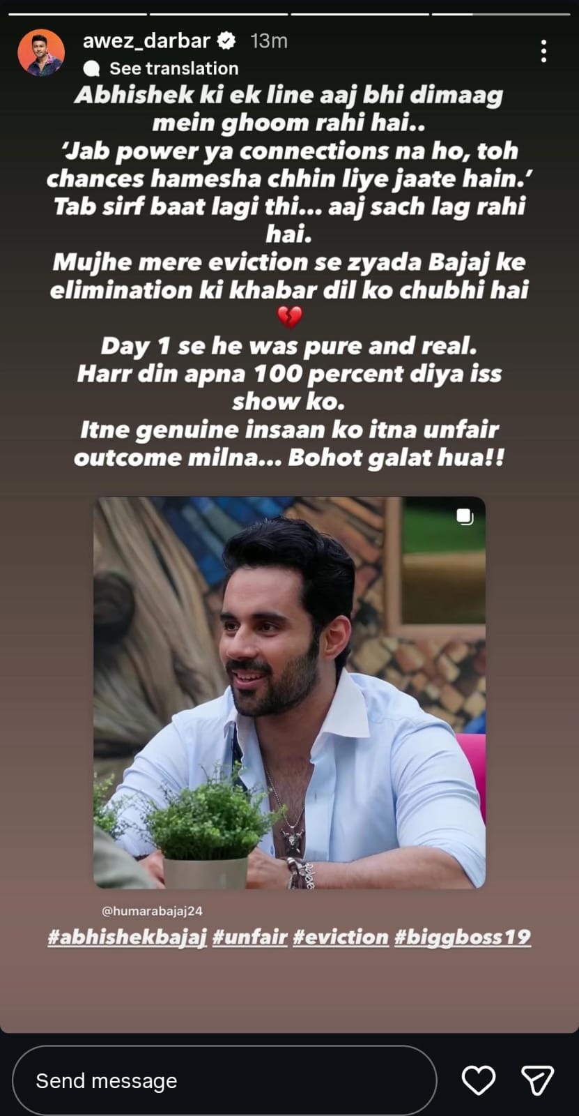 Abhishek Bajaj Evicted From Bigg Boss 19? Awez Darbar Calls It ‘Unfair ...