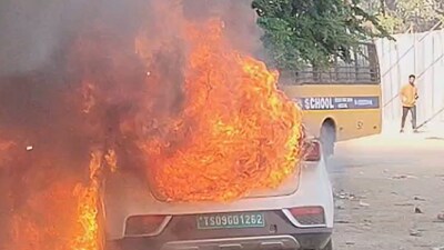 Electric Car Catches Fire Near Hyderabad's NTR Stadium, Firefighting ...