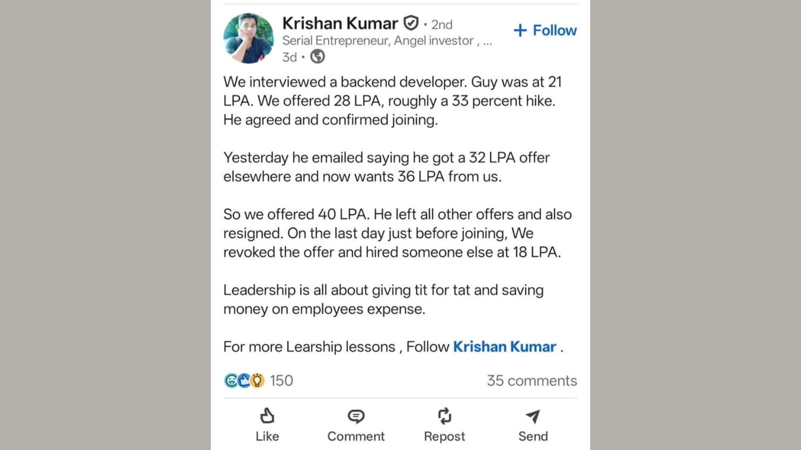 Viral X post on recruiter revoking 40 LPA offer sparks backlash | Viral ...