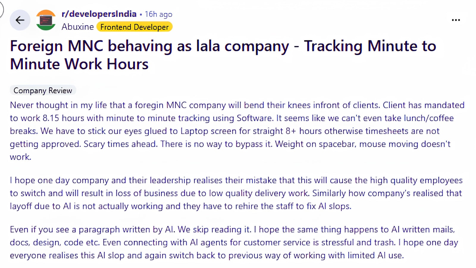 'Can't Even Take A Lunch Break': Indian Techie Says Foreign MNC Tracks ...
