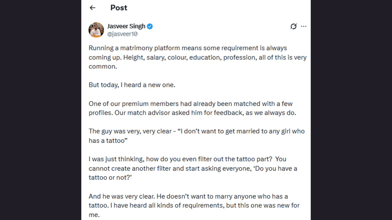 Gurgaon CEO Reveals Man’s ‘No Tattoos’ Demand For Marriage Matches ...