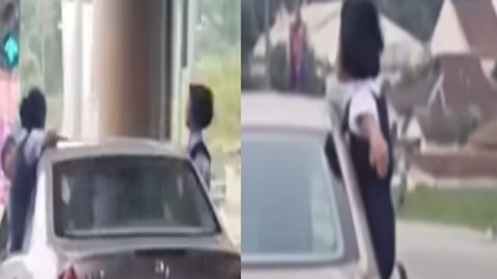 3 school girls stunt in moving car sticking themselves outside window ...