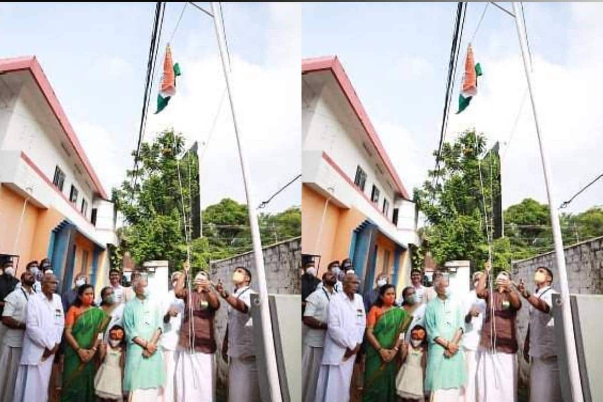 ദേശീയ പതാക തലകീഴായി പകുതിയോളം ഉയർത്തി കെ സുരേന്ദ്രൻ; അമളി മനസിലായതോടെ ...