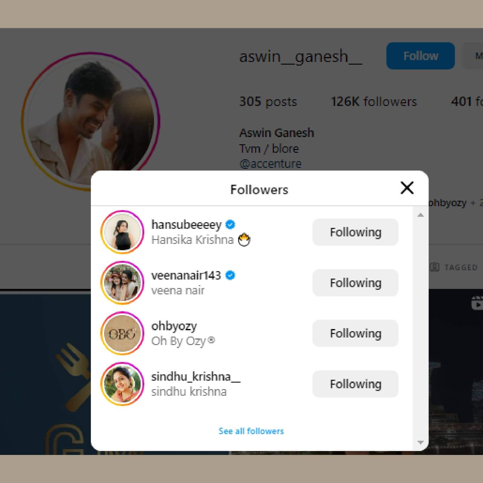 Diya Krishna | അശ്വിൻ ഗണേഷിന് ദിയയുടെ കുടുംബത്തിലും അംഗീകാരം; ഇൻസ്റ്റഗ്രാമിൽ ഫോളോ ചെയ്ത് രണ്ടുപേ ...