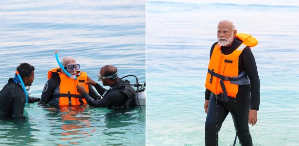 ନୂଆ ଅନ୍ଦାଜରେ ମୋଦି; ଗଭୀର ସମୁଦ୍ରରେ ପହଁରିଲେ PM Snorkelling Walk On Beach ...