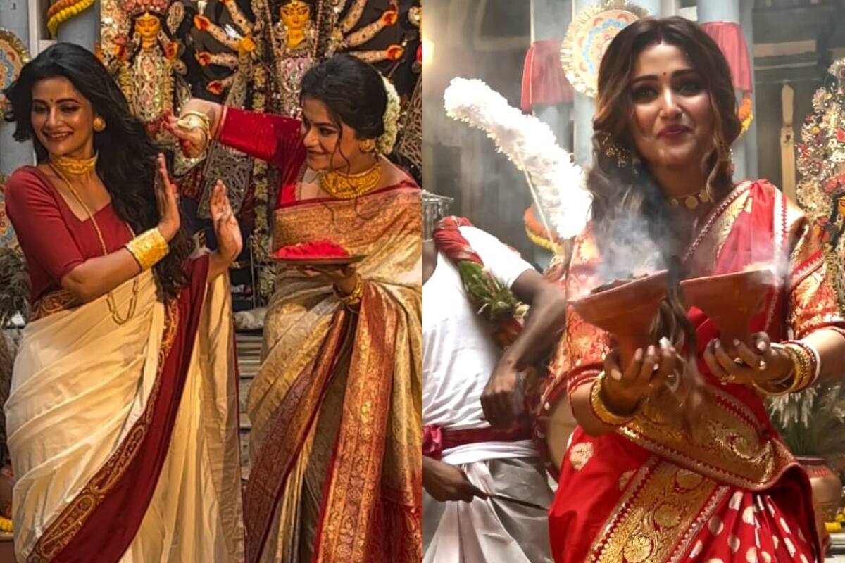 Ushasi-Sudipta-Sanchari: ঢাকের তালে কোমর দোলে তিন নায়িকার, পুজোর এত ...