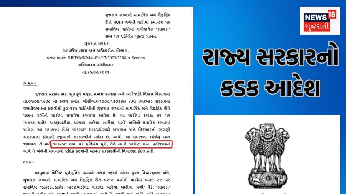 રાજ્ય સરકારનો કડક આદેશ: 'ઠાકરડા' શબ્દના બદલે 'ઠાકોર' શબ્દનો ઉપયોગ ...