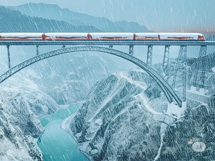 Chenab bridge ai photos in snowfall vande bharat train sa transpg - AI ...
