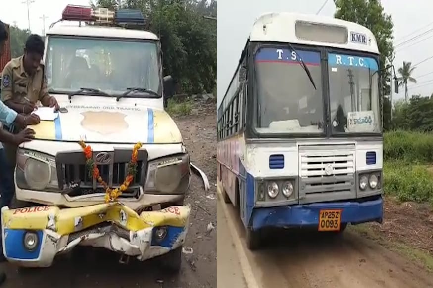 Video: ఆర్టీసీ ప్రైవేట్ డ్రైవర్ కంగారు.. పోలీస్ వాహనాన్ని ఢీకొన్న బస్సు ...