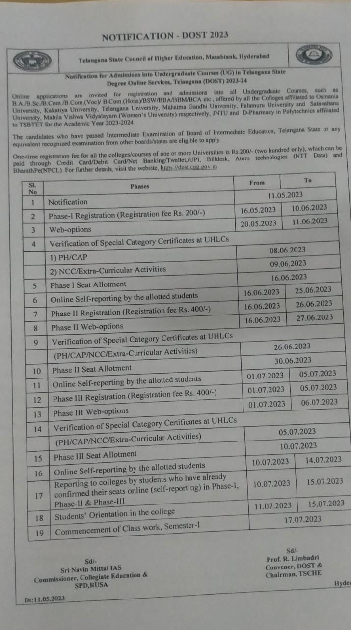 DOST-2023 Notification: తెలంగాణలో డిగ్రీ అడ్మిషన్లకు దోస్త్ నోటిఫికేషన్ ...